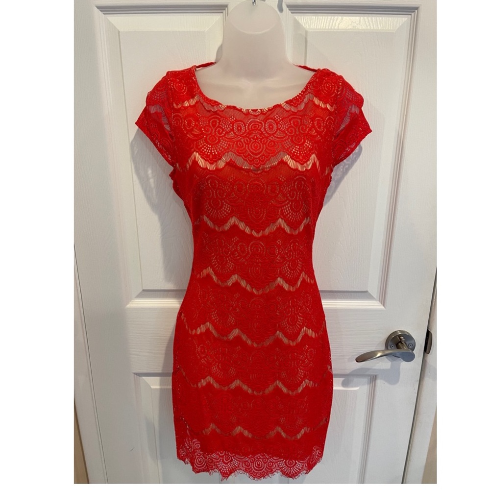 Bebe Red Lace Mini Dress With Nude Lining Xs - Gem